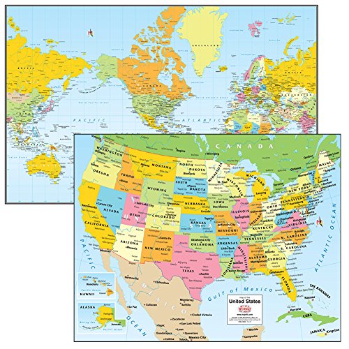 Colorful Political Mercator Projection World & USA Desk Map Set Gloss ...