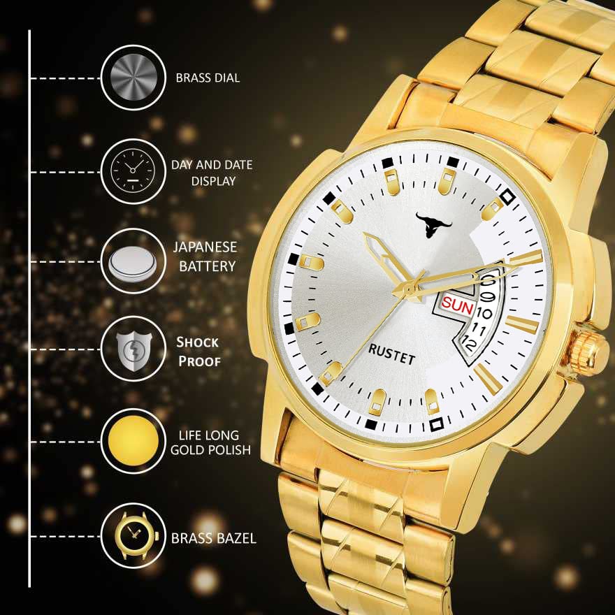 Buy RUSTET Analogue Waterproof Men's Day and Date Watch (Gold Round ...
