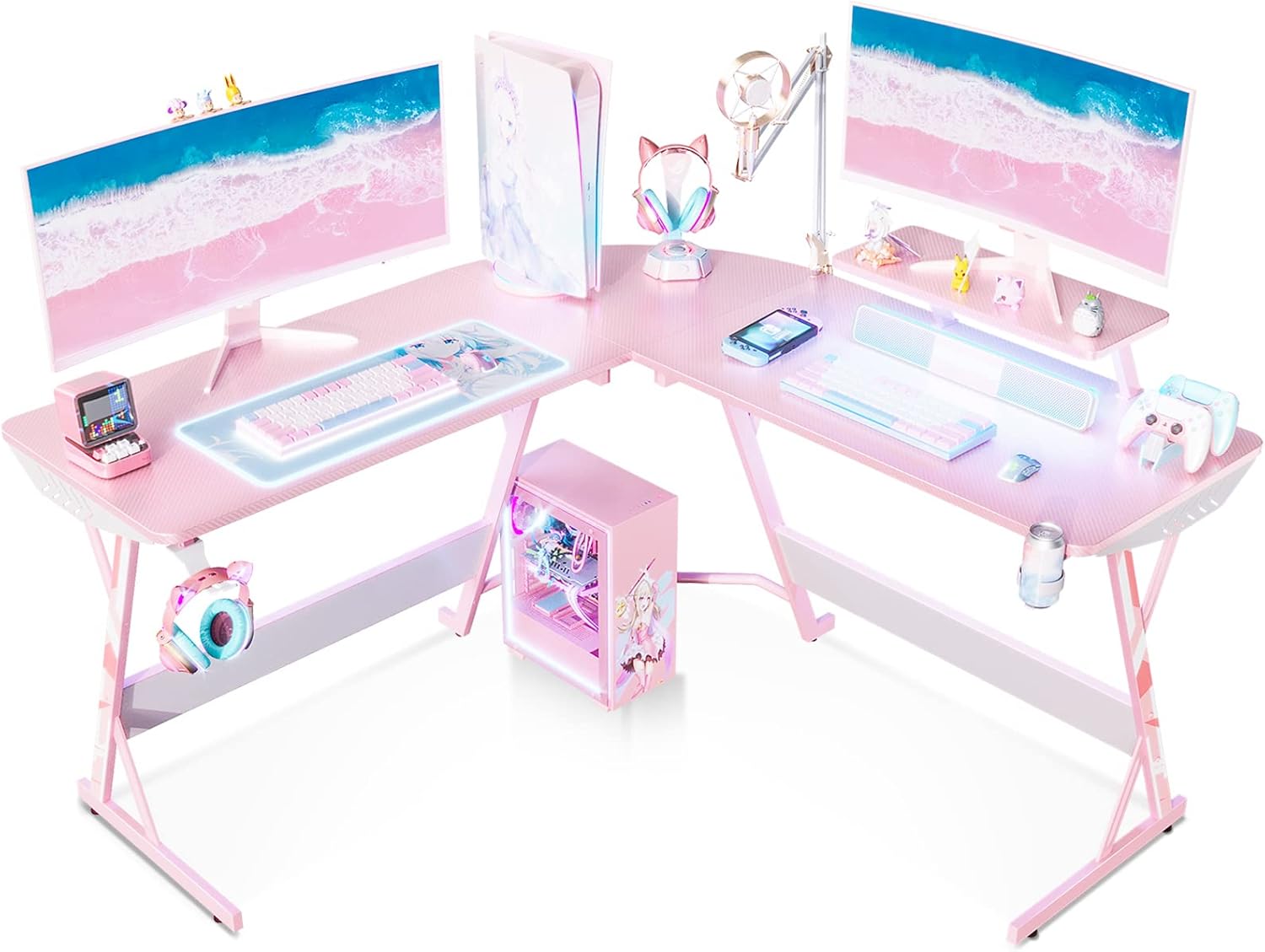 Amazon.com: MOTPK Pink Gaming Desk with LED Lights, L Shaped Gaming ...