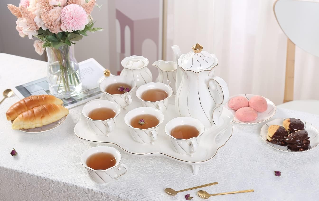Amazon.com | DUJUST 22 pcs Tea Set of 6 with Tea Tray & Spoons, Luxury ...