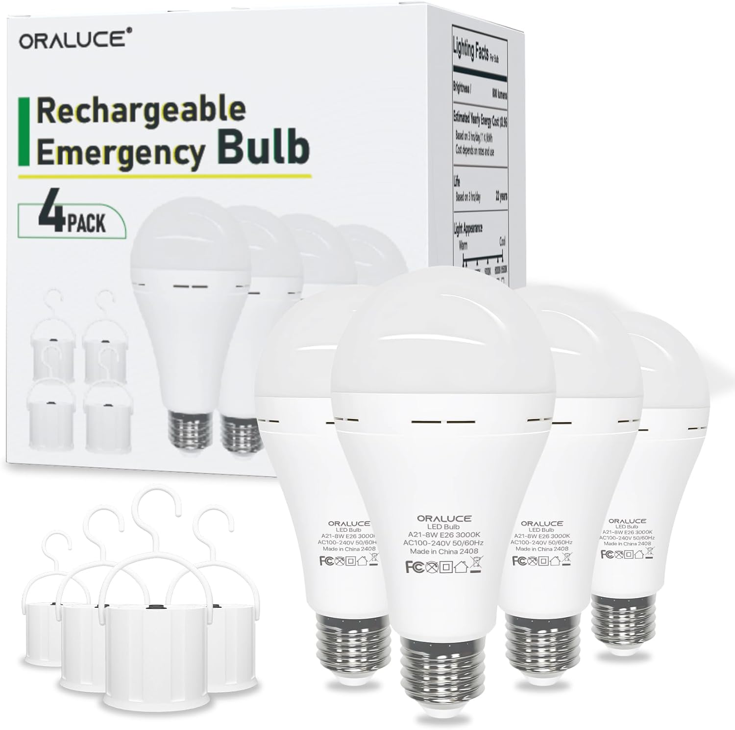 ORALUCE Emergency Rechargeable Light Bulbs 60 Watt, Warm White 3000K Battery Powered Light Bulb ...