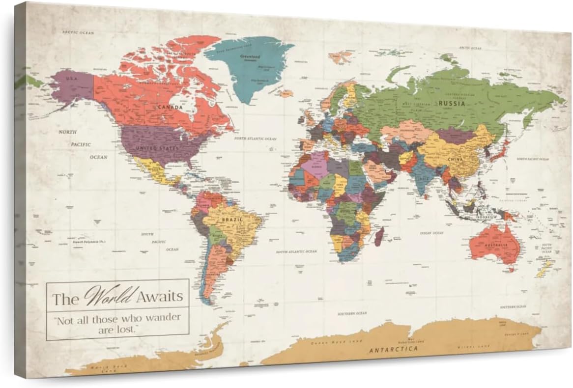 Amazon.com: ElephantStock - World Awaits I Push Pin World Map Wall Art ...