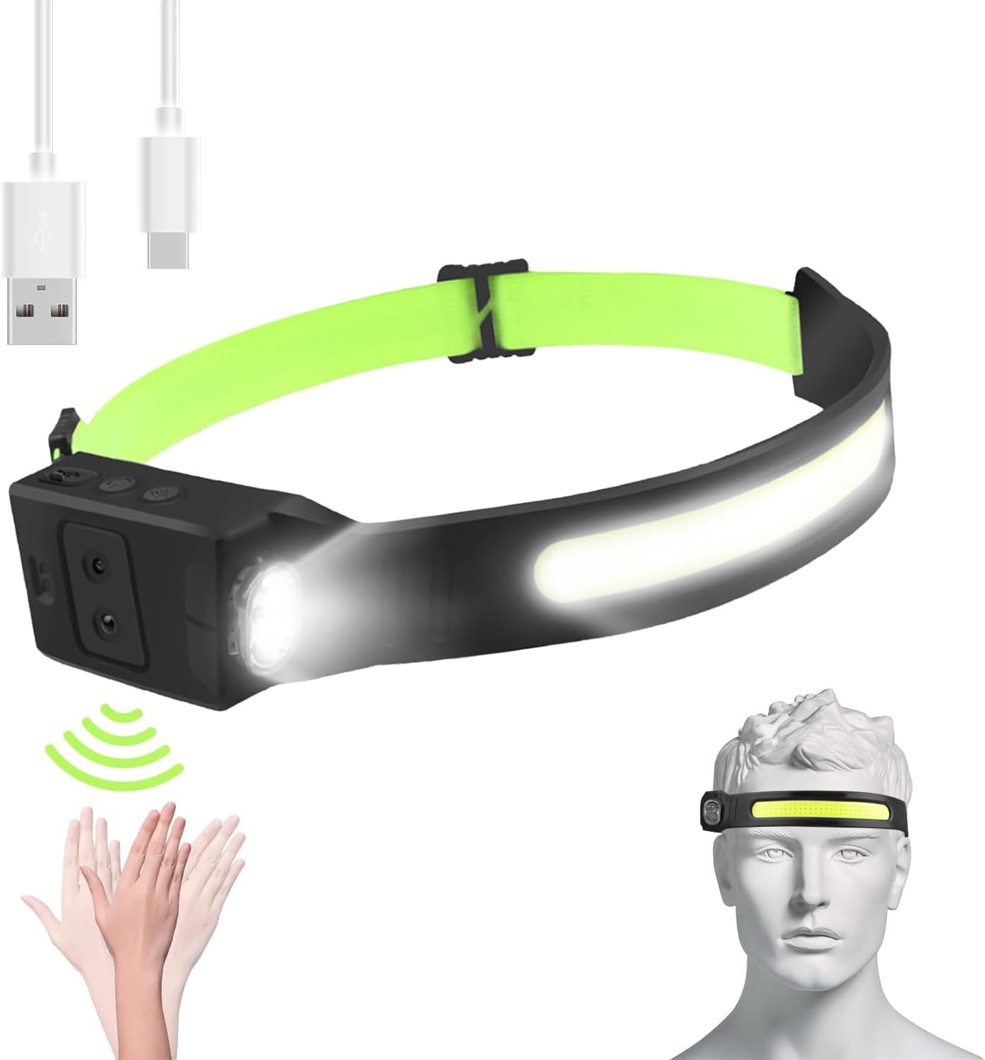 SUNOTLE Lámpara de Cabeza de Inducción LED Recargable-con Cable USB 8 ...