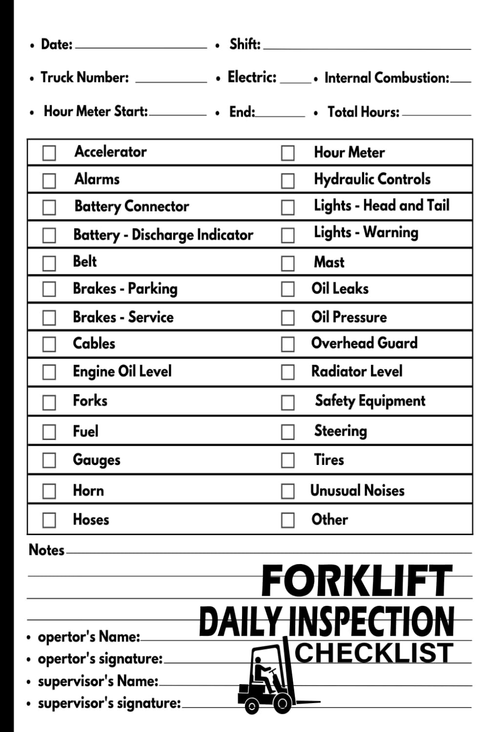 Forklift Operator Daily Inspection Checklist Log Book: Maintenance and ...
