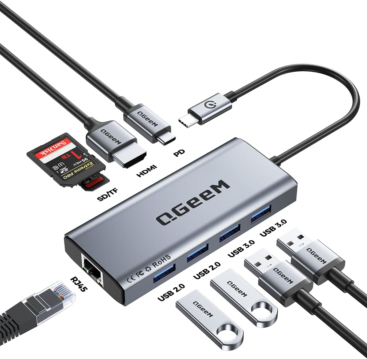 Amazon.com: QGeeM USB C Hub Ethernet,9 in 1 USB Type C Hub HDMI Multi ...