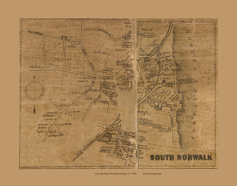 Norwalk South Norwalk Connecticut 1858 Old Town Map with Homeowner ...