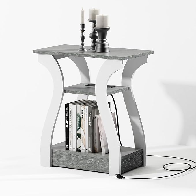 Amazon.com: FROMJBEST End Tables Living Room, Grey End Table with Charging Station, Grey Side ...