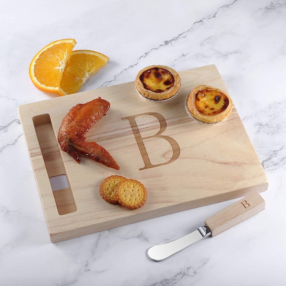 Monogram Oak Wood Cheese Board With Spreader, B-Initial (B)