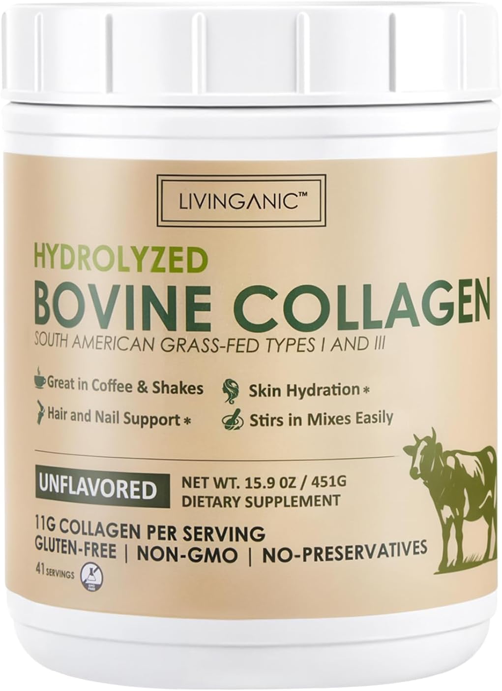 Amazon.com: LIVINGANIC Collagen Peptides Powder Unflavored 15.9oz, Hydrolyzed Bovine Collagen 41 ...
