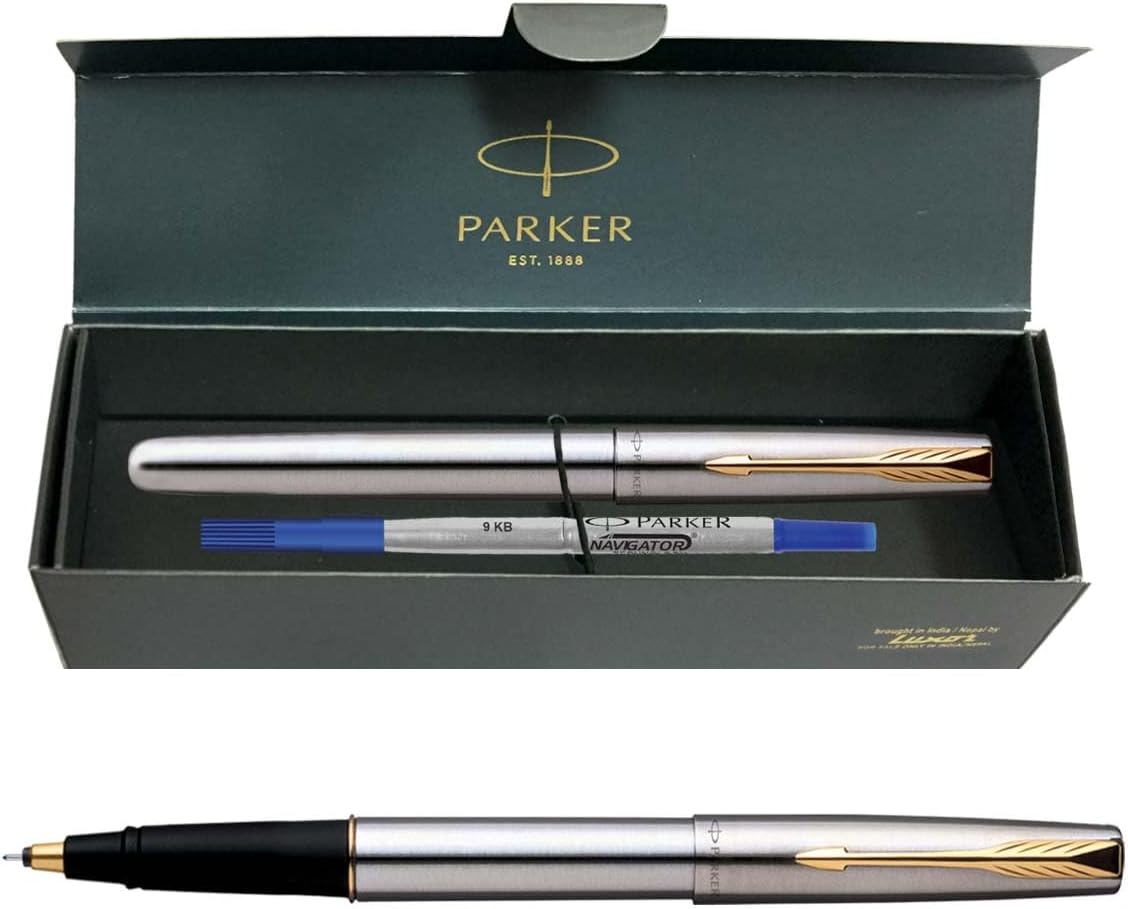 Parker Frontier Stainless Steel Gold Trim Roller Ball Pen | Ink Color ...