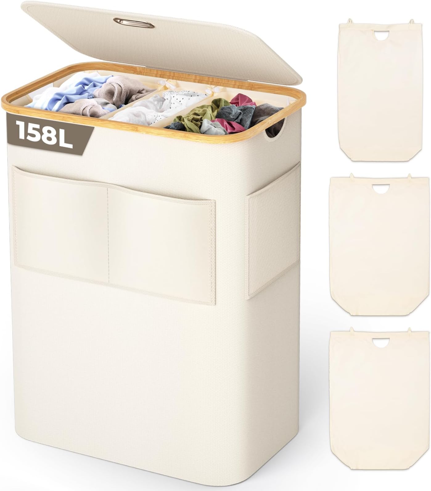 OUSFOT Panier à linge 3 Compartiments avec Couvercle 158L Corbeille a ...