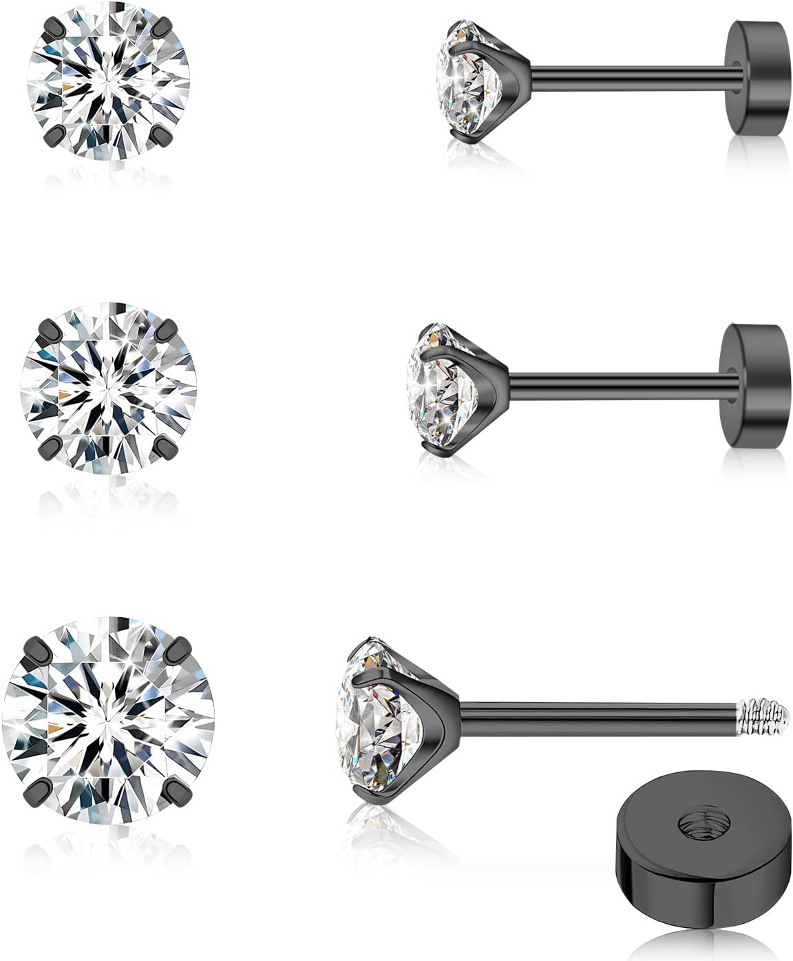 Amazon.com: 3Pairs Women Earrings Flat Back Titanium Earrings, Clear CZ ...