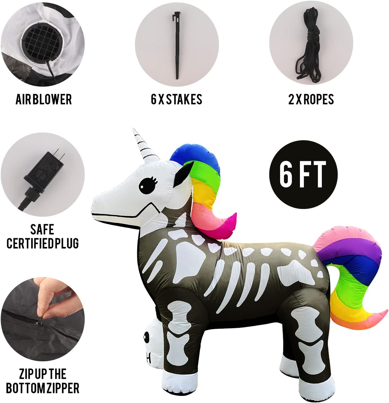 Buy Fulong 6 FT Inflatable Skeleton Unicorn with Rainbow Tail Blow up ...
