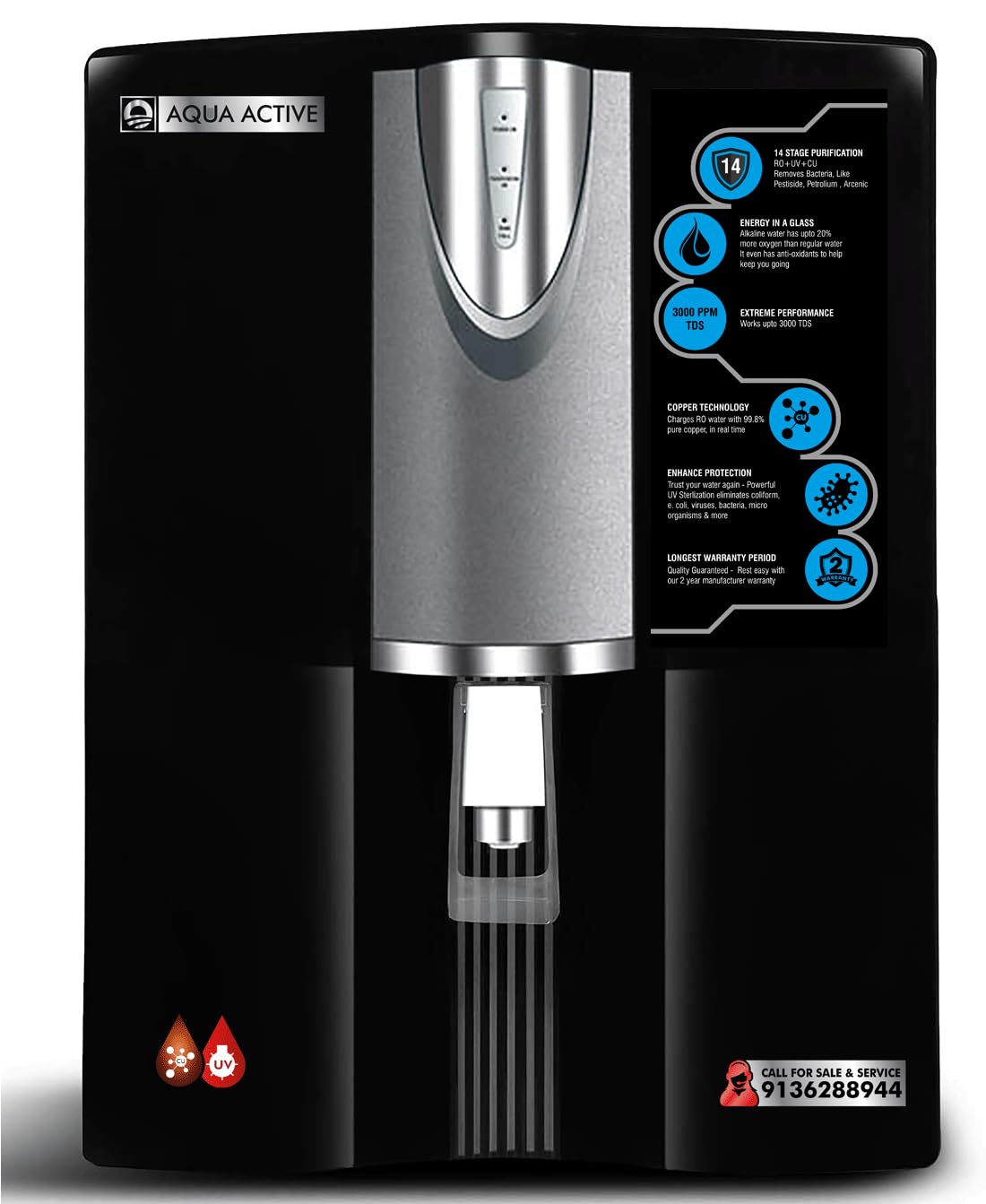 AquaActive Mineral RO+UV+MF AS wall mounted/Counter top Black 10L Water ...