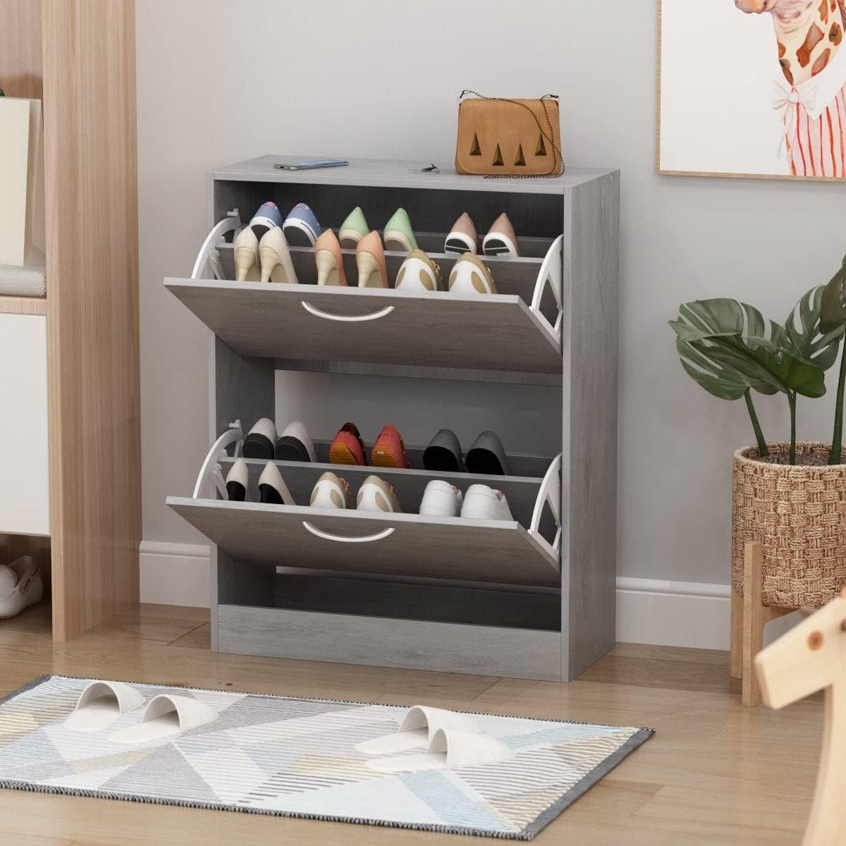 Amazon.com: Grey Wood 12-Pair Shoe Storage Cabinet W/ 2 Flip Drawers ...