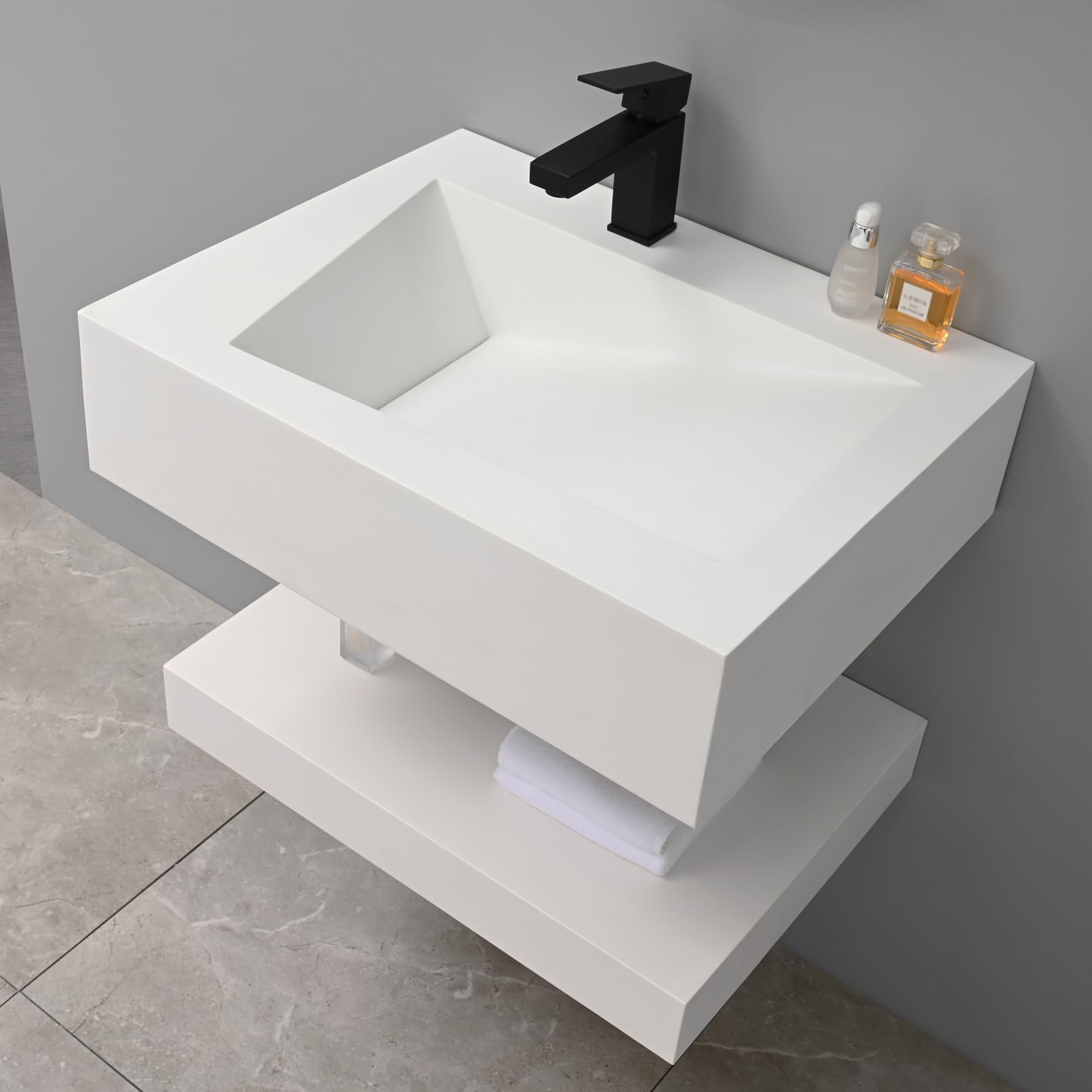Theiler 24”x19" Bathroom Vessel Sink Wall Mount Floating Vanity Sink Rectangle Modern Stone ...