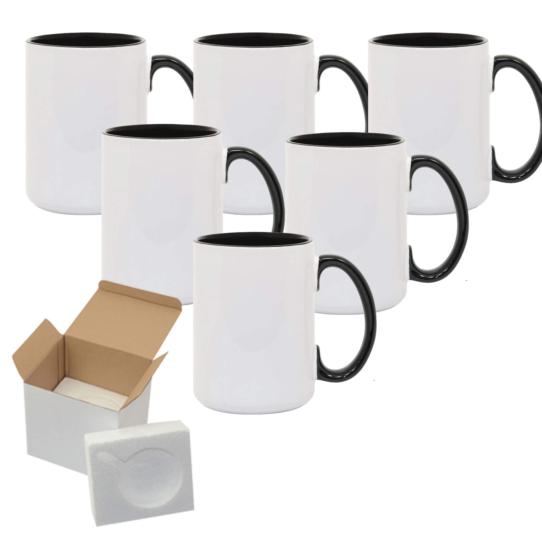Buy Set of 6 15 oz. Ceramic Sublimation Mugs - Inner and Handle - BLACK ...