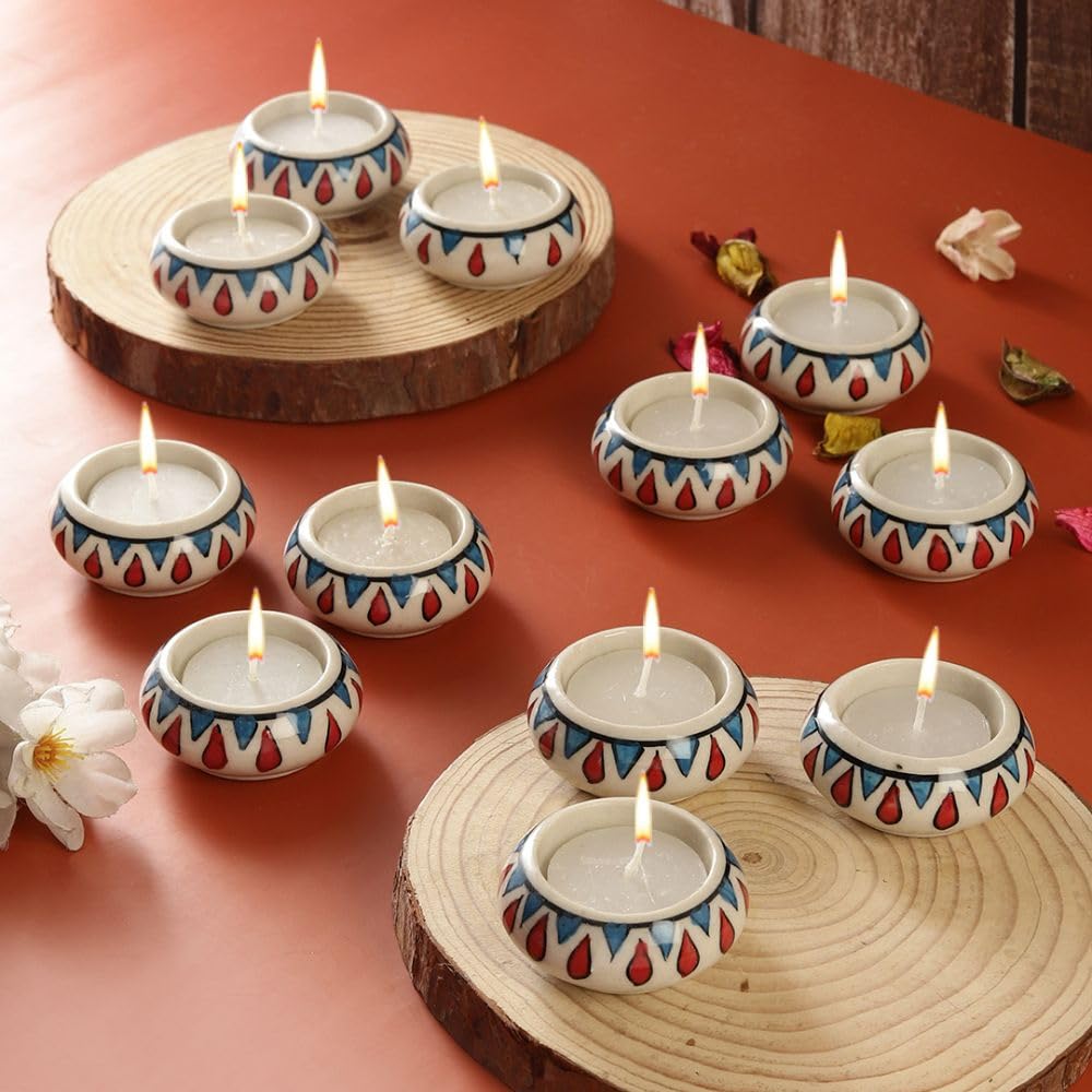 Buy VarEesha Red Yellow Triangles Ceramic Diyas/Tea Light Holders 12 Pc ...
