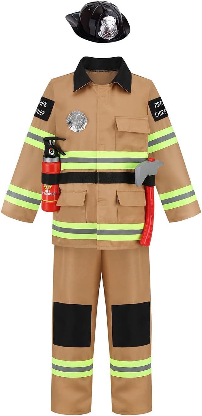 Amazon.com: HAPNBCELE Firefighter Costume For Kids Brown Fireman Role ...