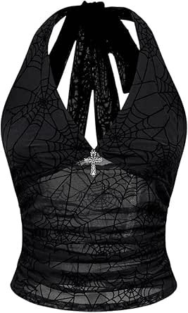 Verdusa Women's Y2k Gothic Goth Halter Top Deep V Mesh Sheer Backless ...