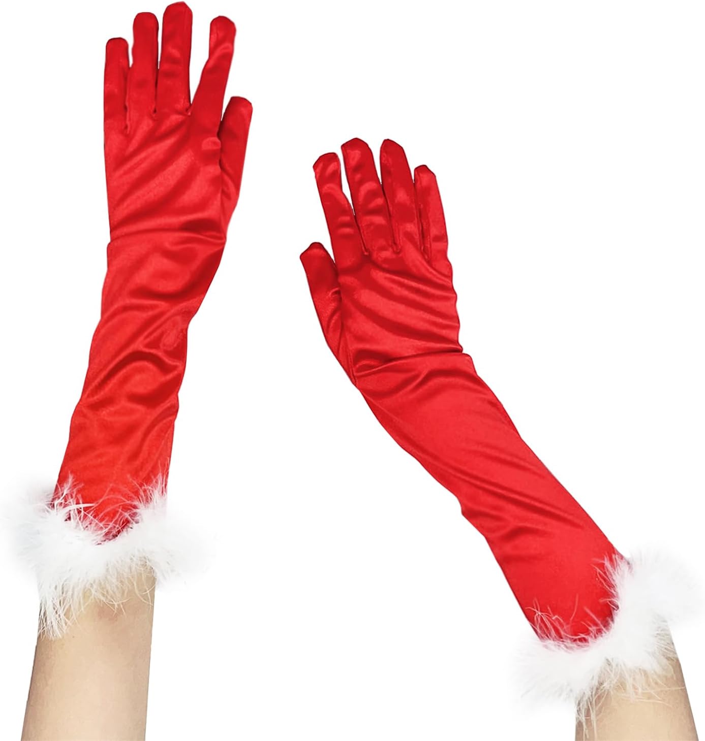 Amazon.com: Women Christmas Red Velvet Gloves Fur Costume Glove Long ...