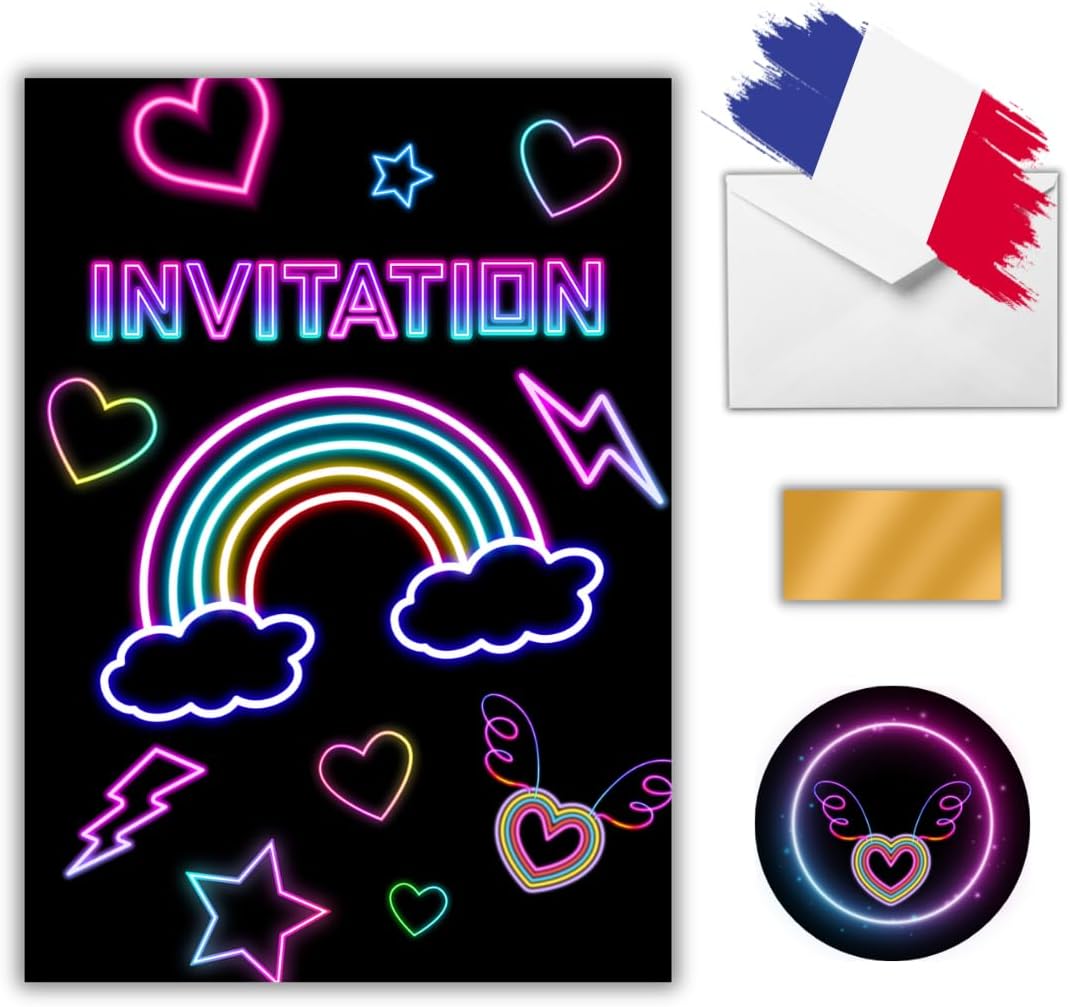 EVTI 10 Cartes d'Invitation Anniversaire thème Néon, Invitations ...