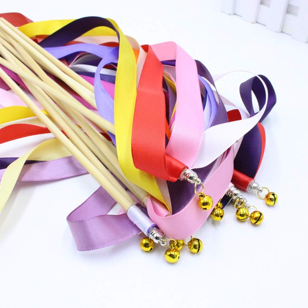 Amosfun 12PCS Rainbow Ribbon Hand Bells Sticks Hand Kite Waldorf ...