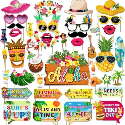 Amazon.com: Konsait 42 PCS Hawaiian Photo Booth Props Luau Party ...