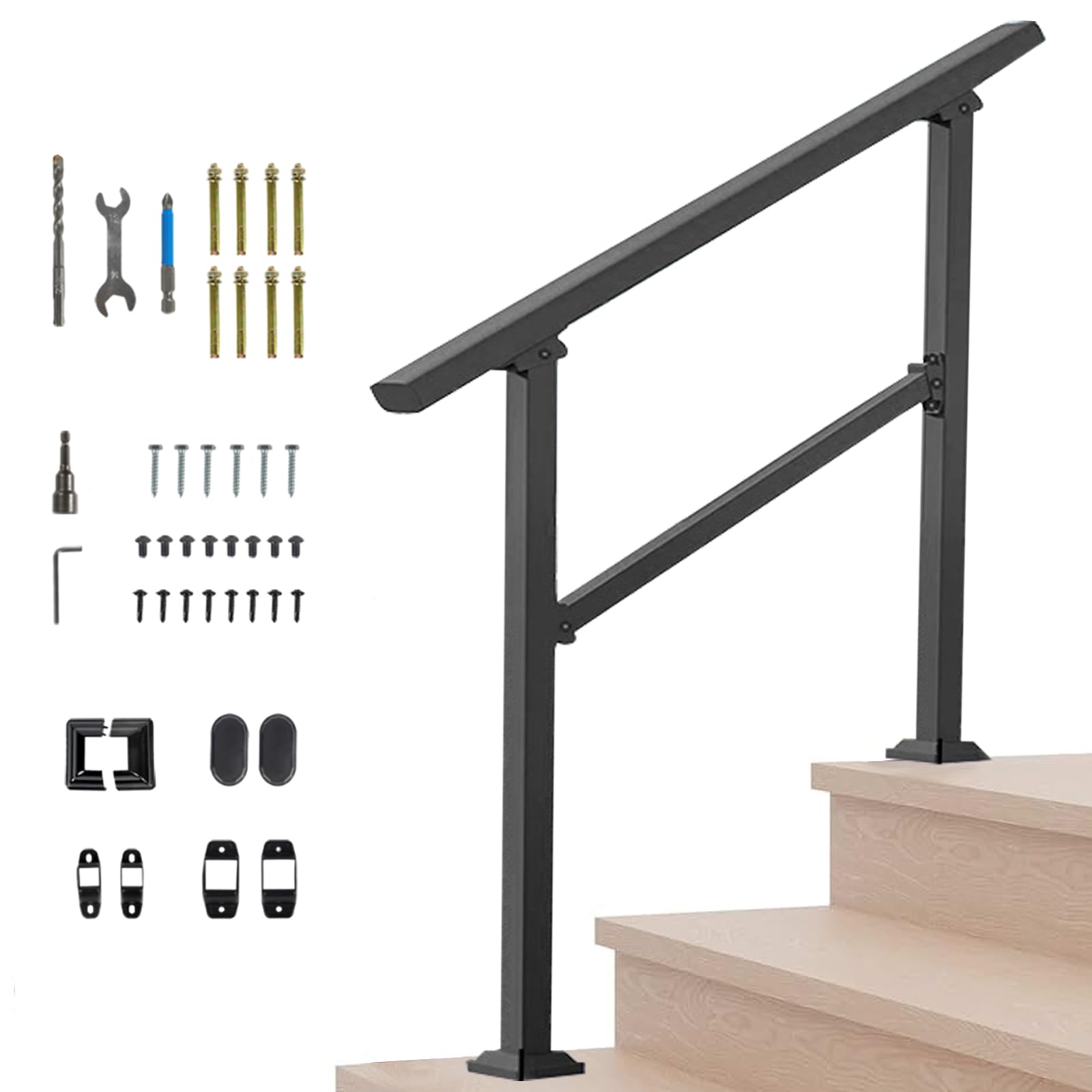 3 Steps Metal Handrails for Outdoor Steps, Wrought Iron Stair Railing ...