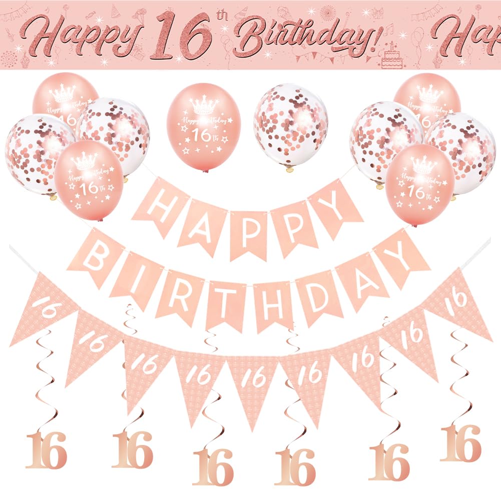 Birthday Banner And Swirls Rose Gold 16th Birthday Party Decorations ...