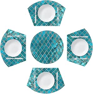 Round Placemats Set of 4 Retro Turquoise Marble Plaid Wedge Place Mats ...