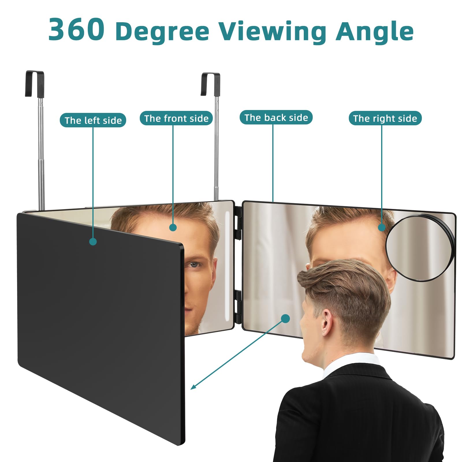 ZEEJORY 3 Way Mirror with LED Lights, Rechargeable 360 Mirror with 10X ...