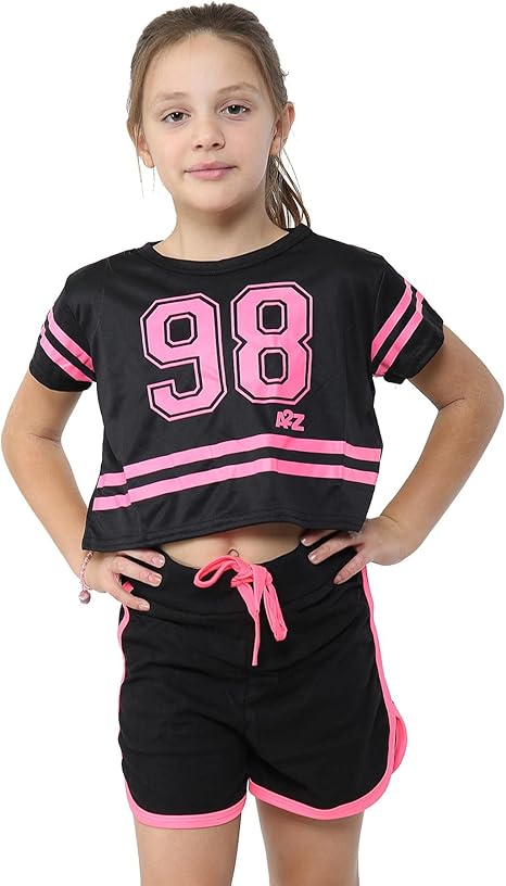 Kids Girls 98 Crop Top & Shorts Set Sports Jogging Belly Tees Summer ...