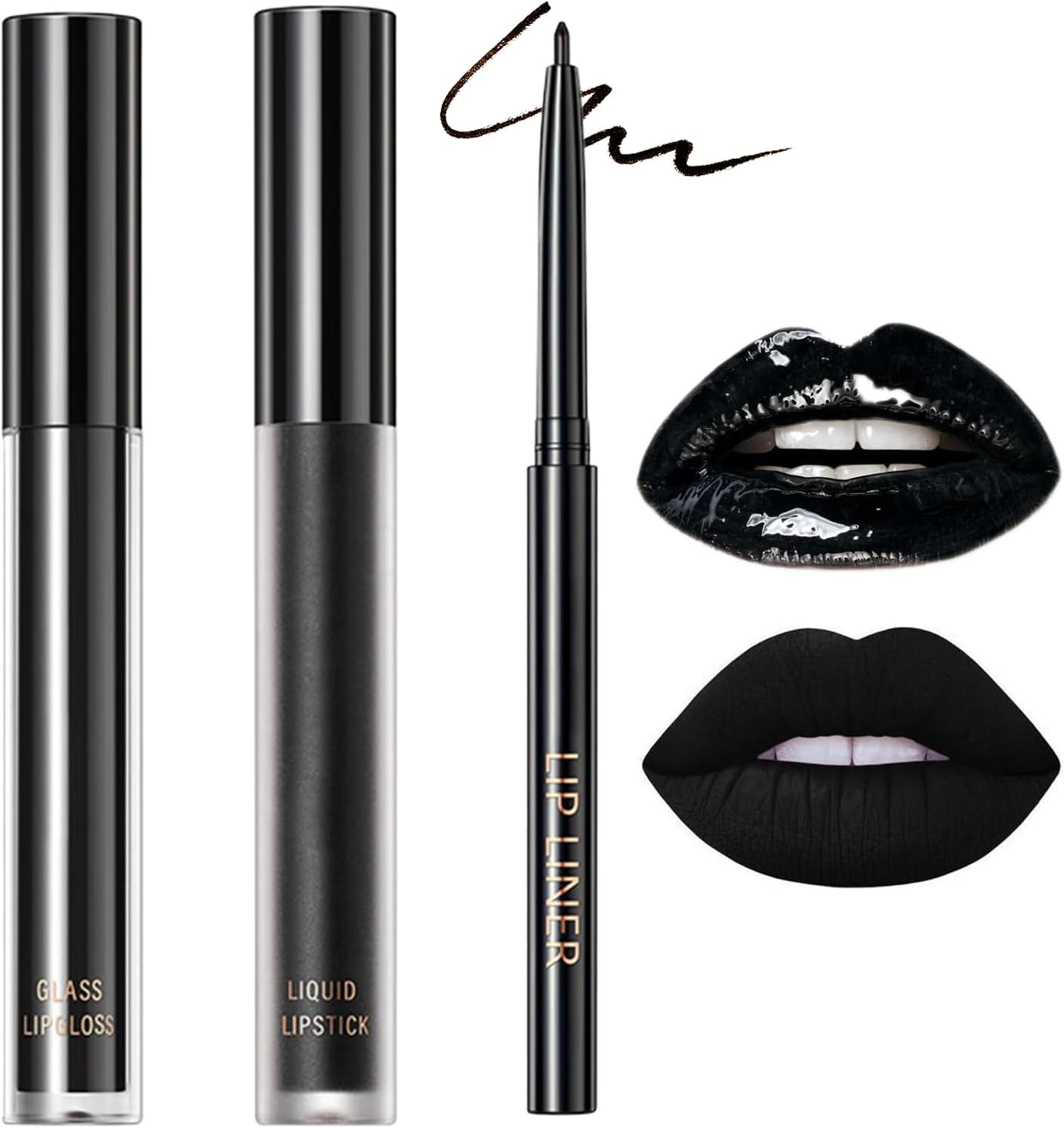 Amazon.com : 3Pcs Black Lipstick Kit, Matte Lipstick+Glossy Lip Gloss ...