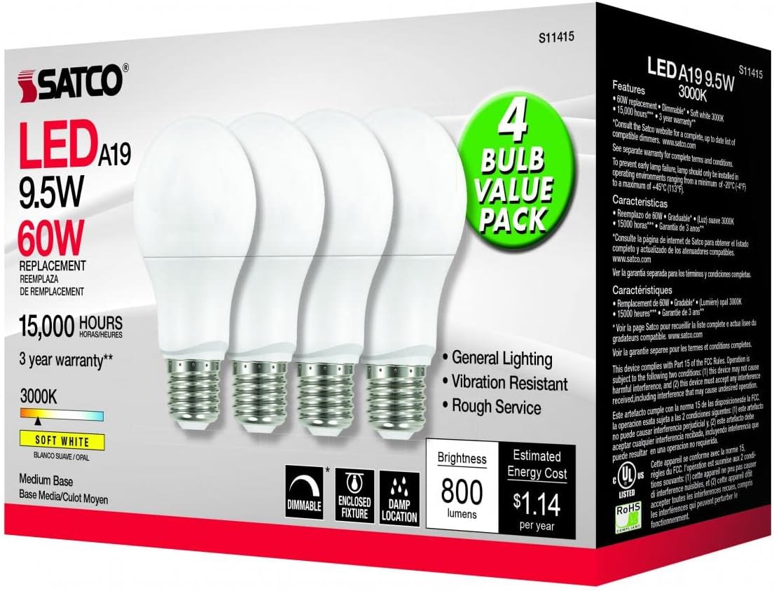 Satco S11415 Type A LED Lamps 9.5 Watt A19 LED 3000K Dimmable Medium ...