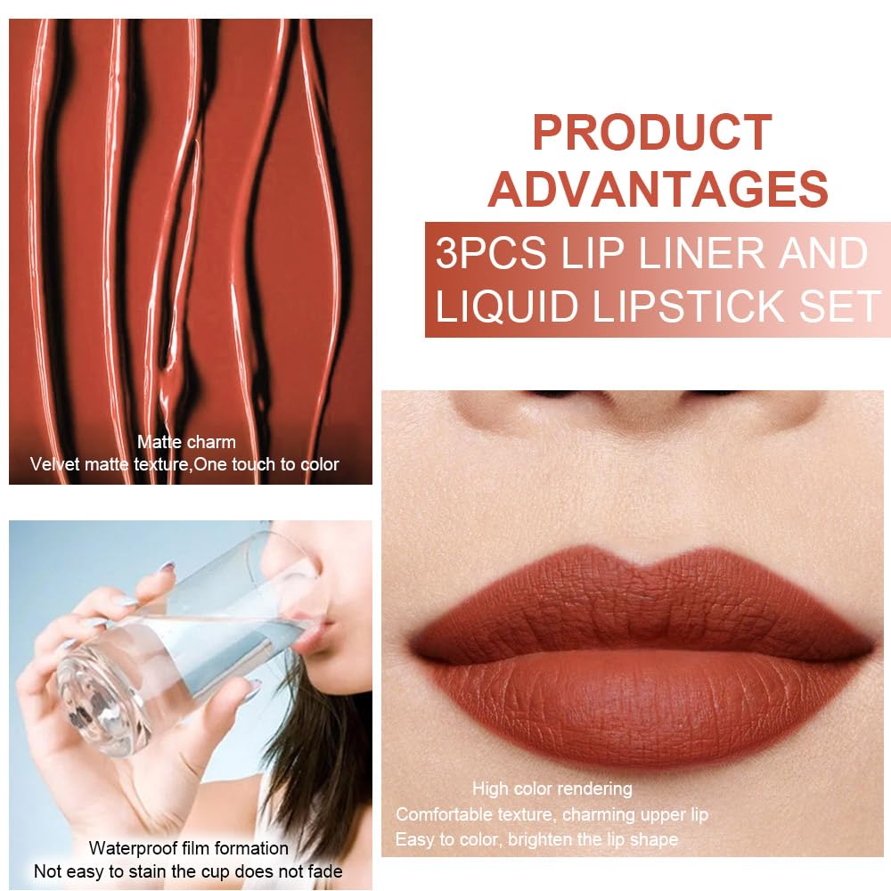 evpct Juego de 3 delineadores de labios y lápiz labial mate, color rosa y beige, color malva ...