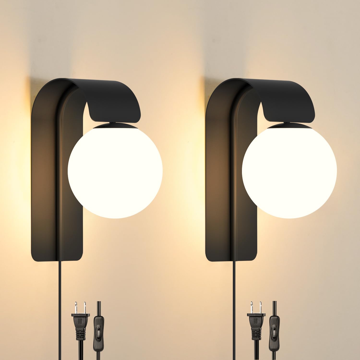 Black Plug in Wall Sconces, Plug in Sconce Set of 2 with On/Off Switch ...