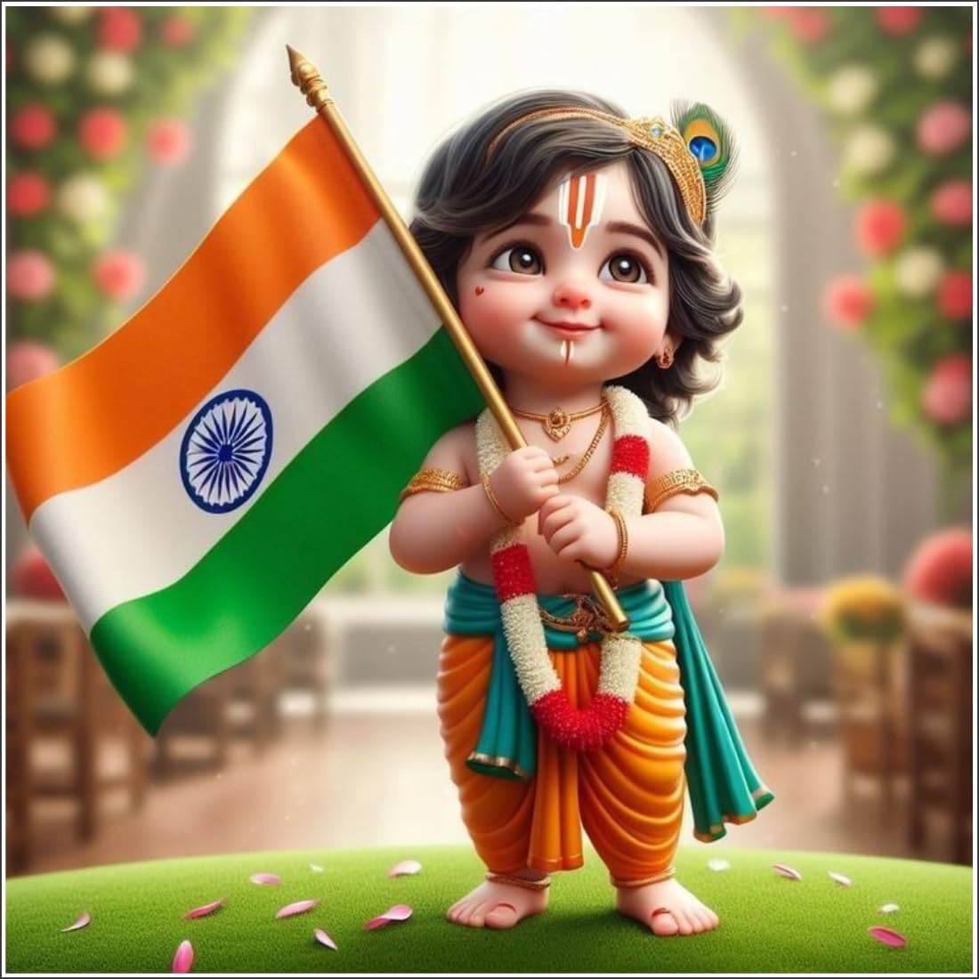 V2Hdecore Baby Krishna with Flag 3D & Hd Print Wall Poster for Pooja ...