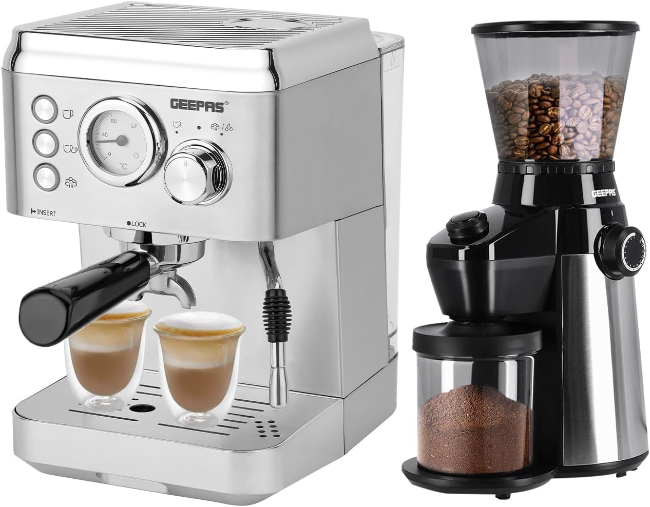 GEEPAS 1140W Espresso & Cappuccino Coffee Machine & Conical Burr Coffee ...