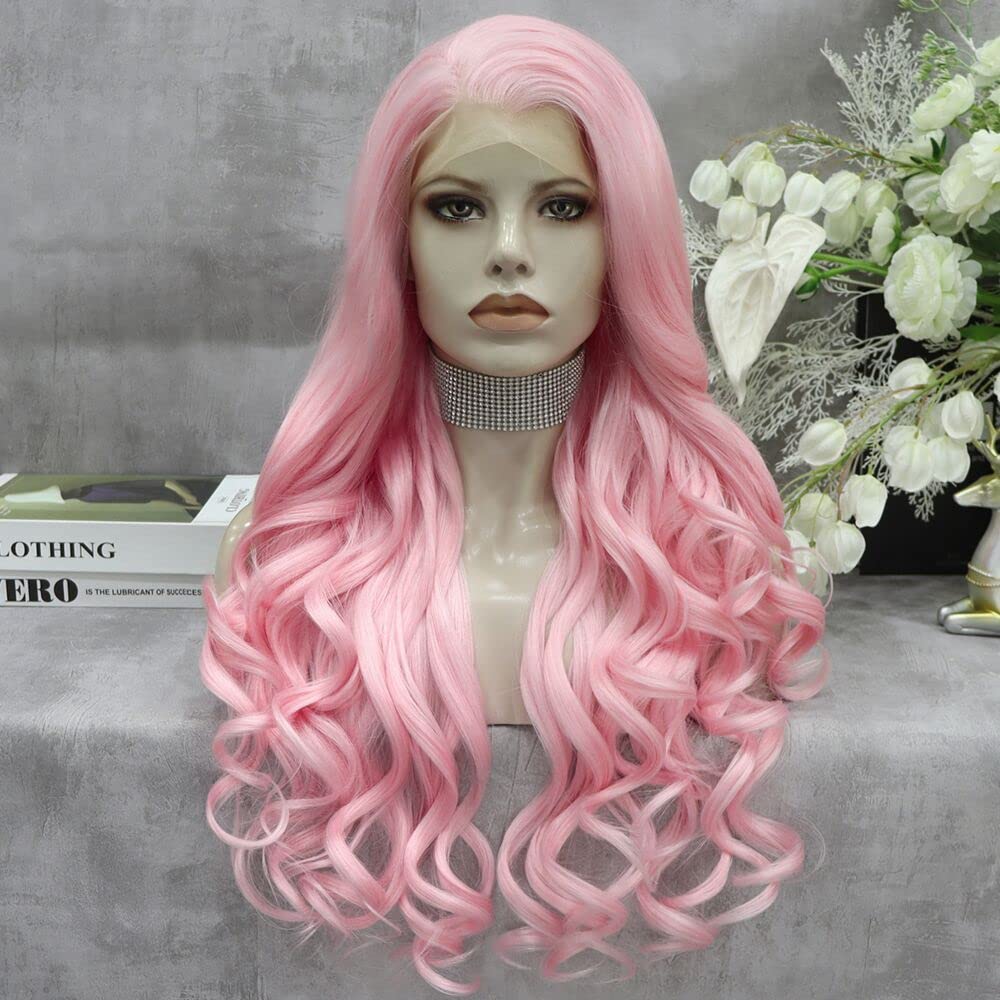 Amazon.com : IMSTYLE Pink Lace Front Wigs Long Wavy Synthetic Wig for ...