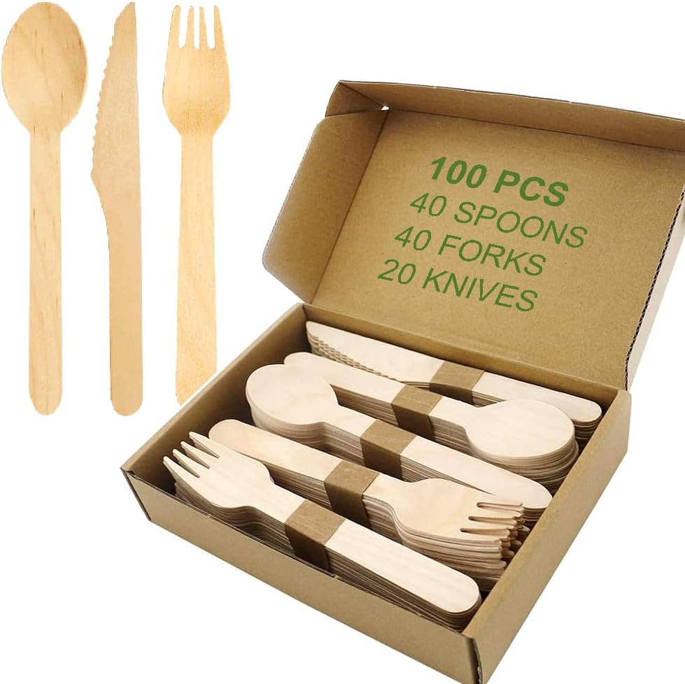 Amazon.com: Disposable Wooden Cutlery – 220 Pack Biodegradable Utensils ...