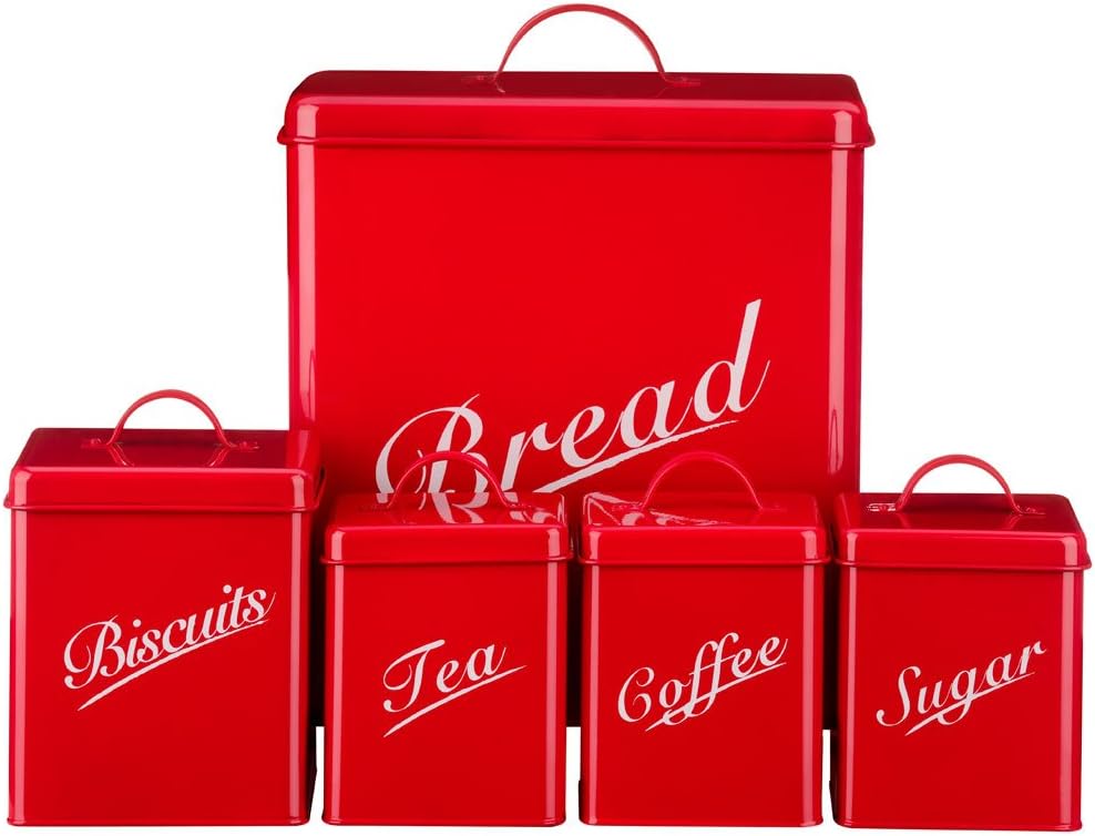 Amazon.com: Red 5 Piece Storage Set Enamel Tea Coffee Sugar Bread ...