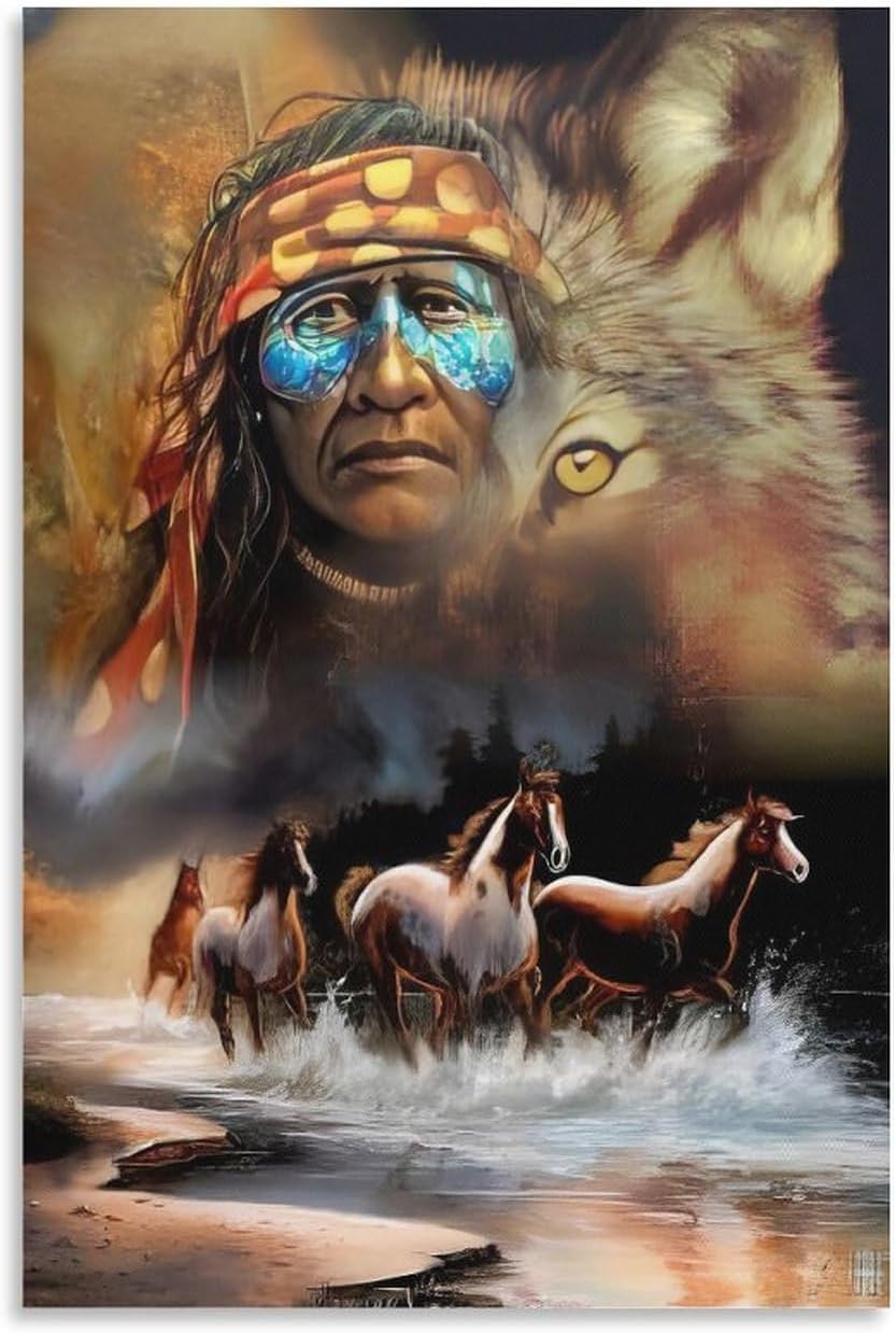 Amazon.com: FestiKit Native American Indians Horses Running Canvas Art ...