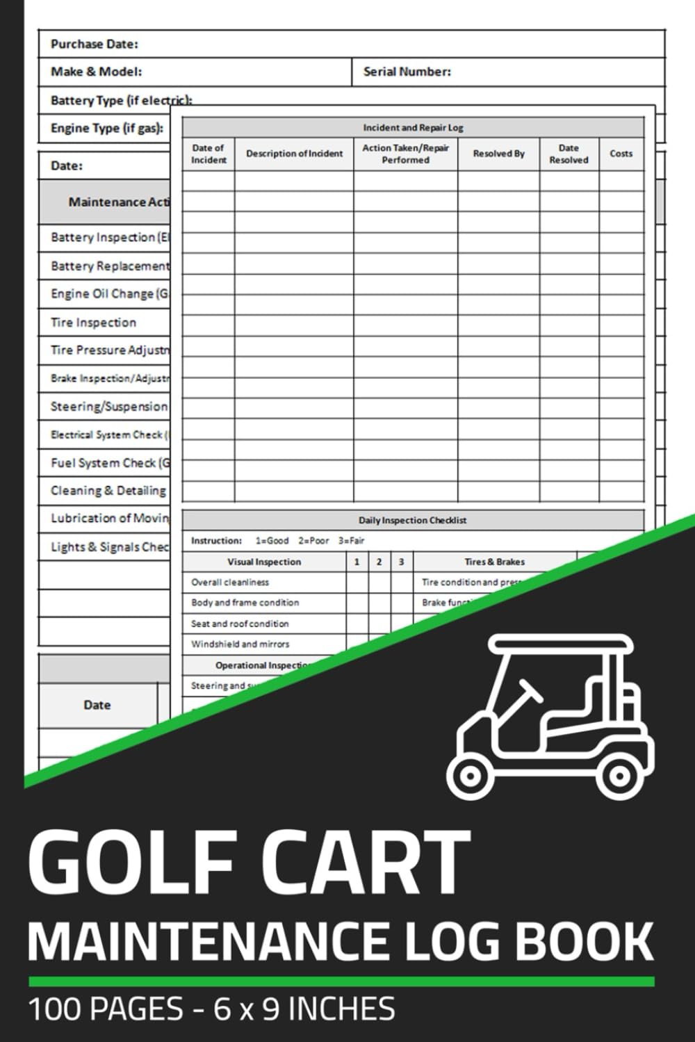 Golf Cart Maintenance Log Book: Repair & Service Record with Daily ...