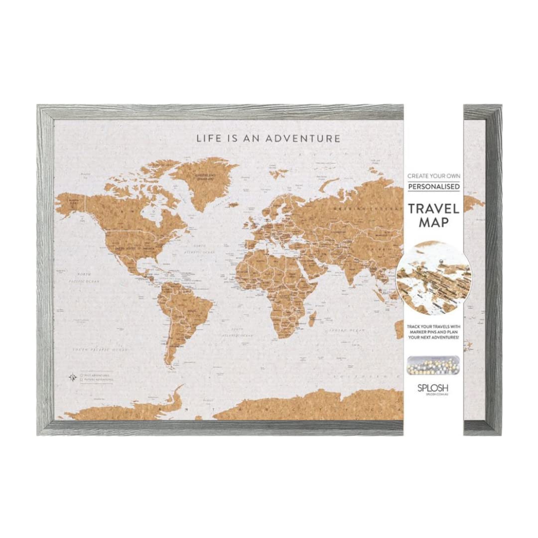 Buy Splosh Travel - Large World Pin Board in Grey, Wooden Frame. World ...