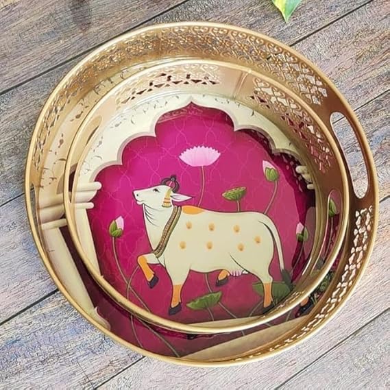 DUA Metal - Metal Round Tray Set of 2 Cow Pichwai Tray (Size 8" and 10 ...