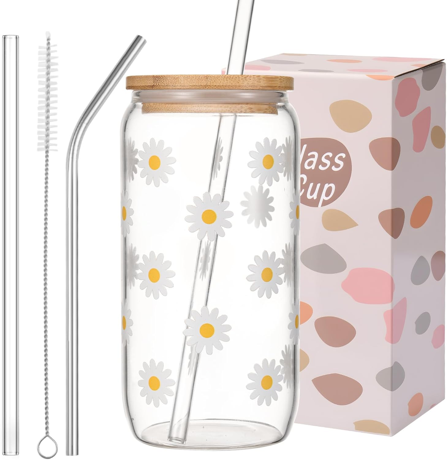 Amazon.com: ANABIUP Cute Glass Cups with Lids and Straws, Daisy Flower ...