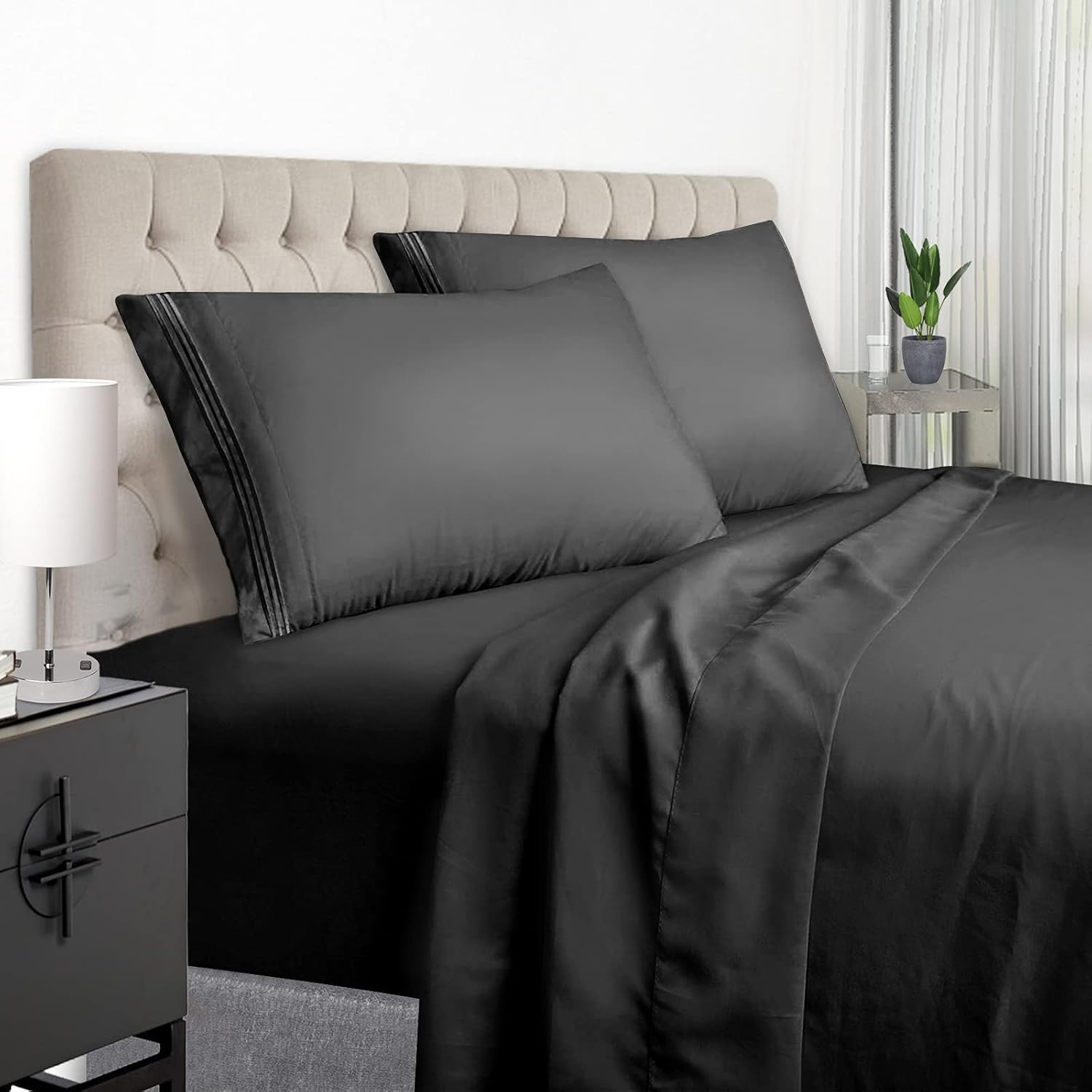 Amazon.com: EaseHome Luxury King Bed Sheets Set Black- Super Soft ...