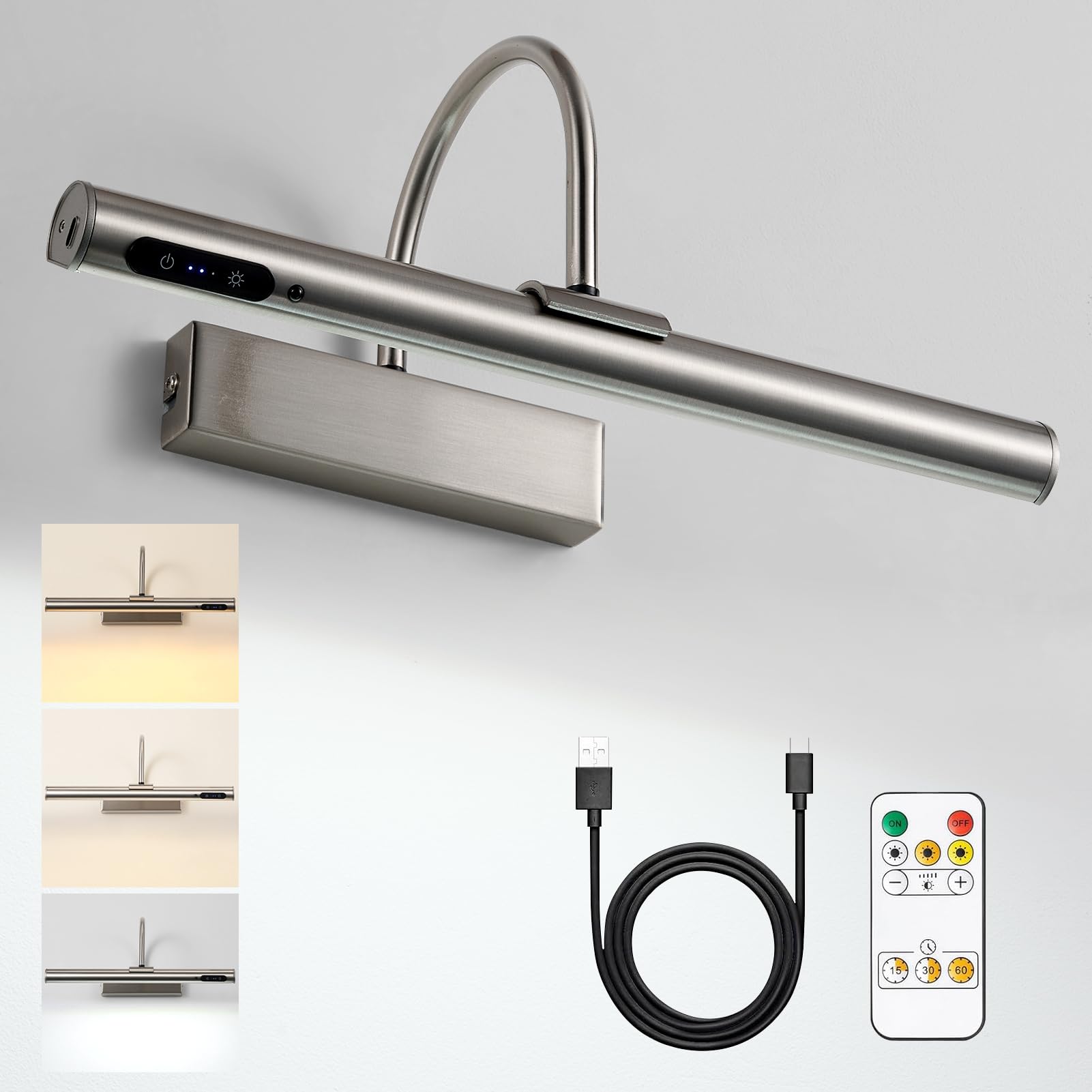 HARPER LIVING Rechargeable Picture Light Satin Nickel, Battery Operated ...