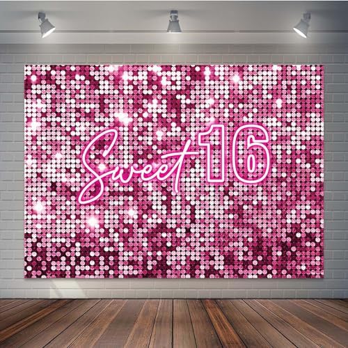 Amazon.com : Ayayiya Pink Neon Sweet 16 Birthday Backdrop Silver Flash ...